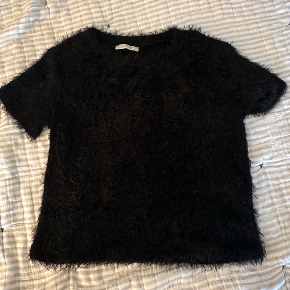 Zara | Tops | Zara Black Fuzzy Top Short Sleeve | Poshmark